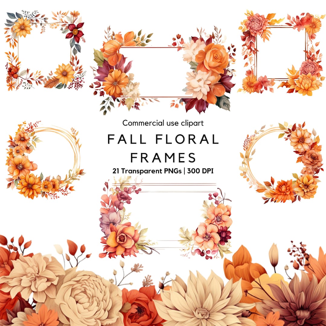 Watercolor Fall Floral Frame Clipart: Autumn Leaves PNG (digital ...