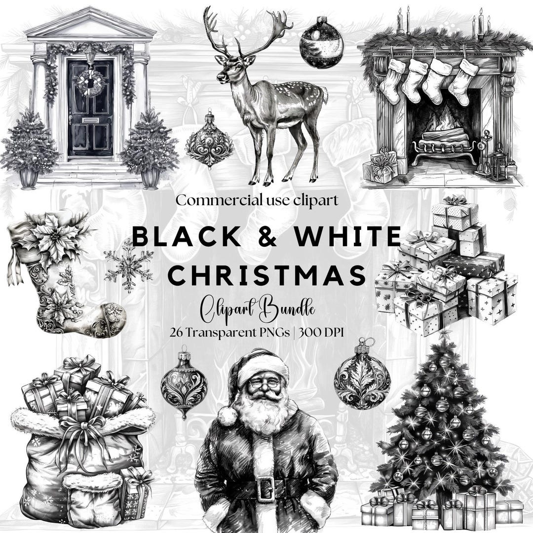 Watercolor Christmas Clipart: Black and White Holiday Graphics (digital ...