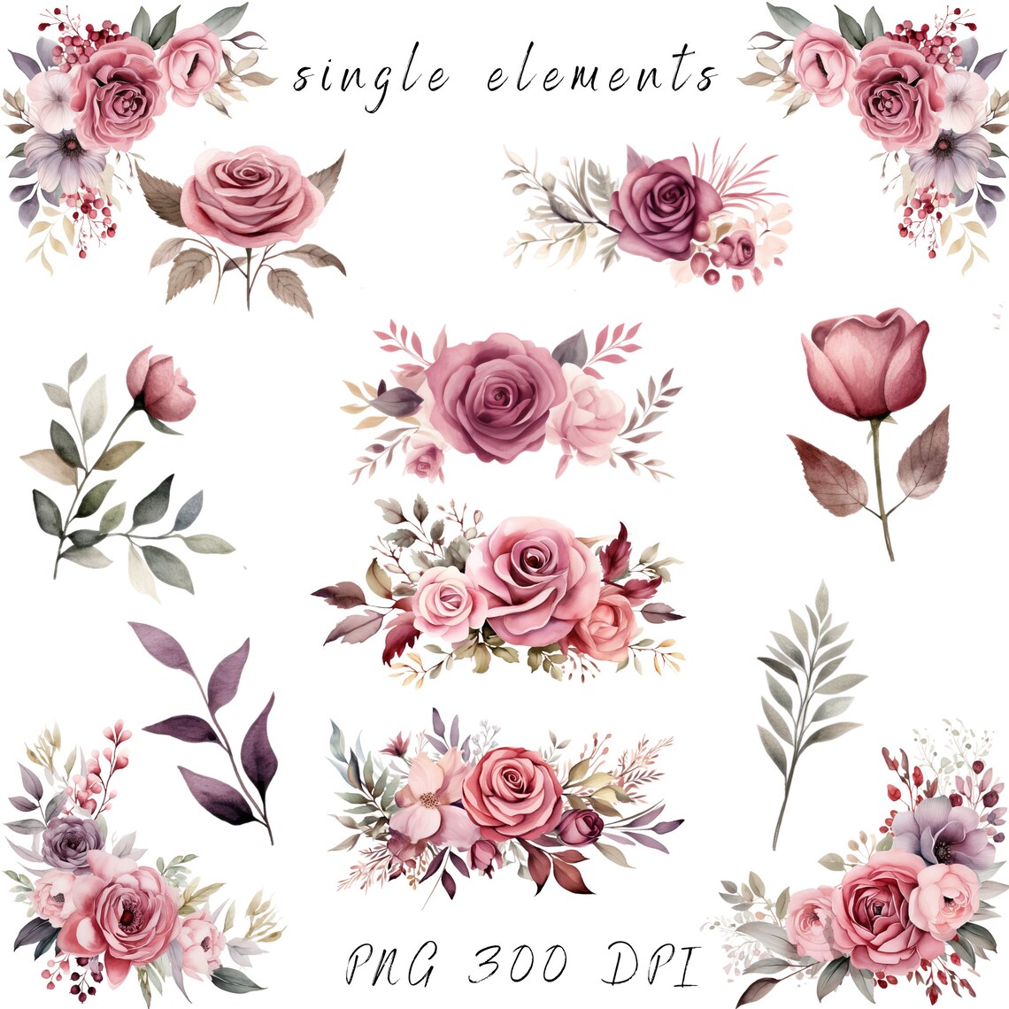 Pink Dusty Rose Clipart Pink Rose Clipart Watercolor Flowers Wedding ...