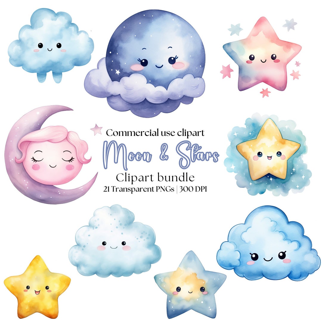 Watercolor Moon Star and Clouds Clipart Cute Kawaii Star Pastel Clouds ...