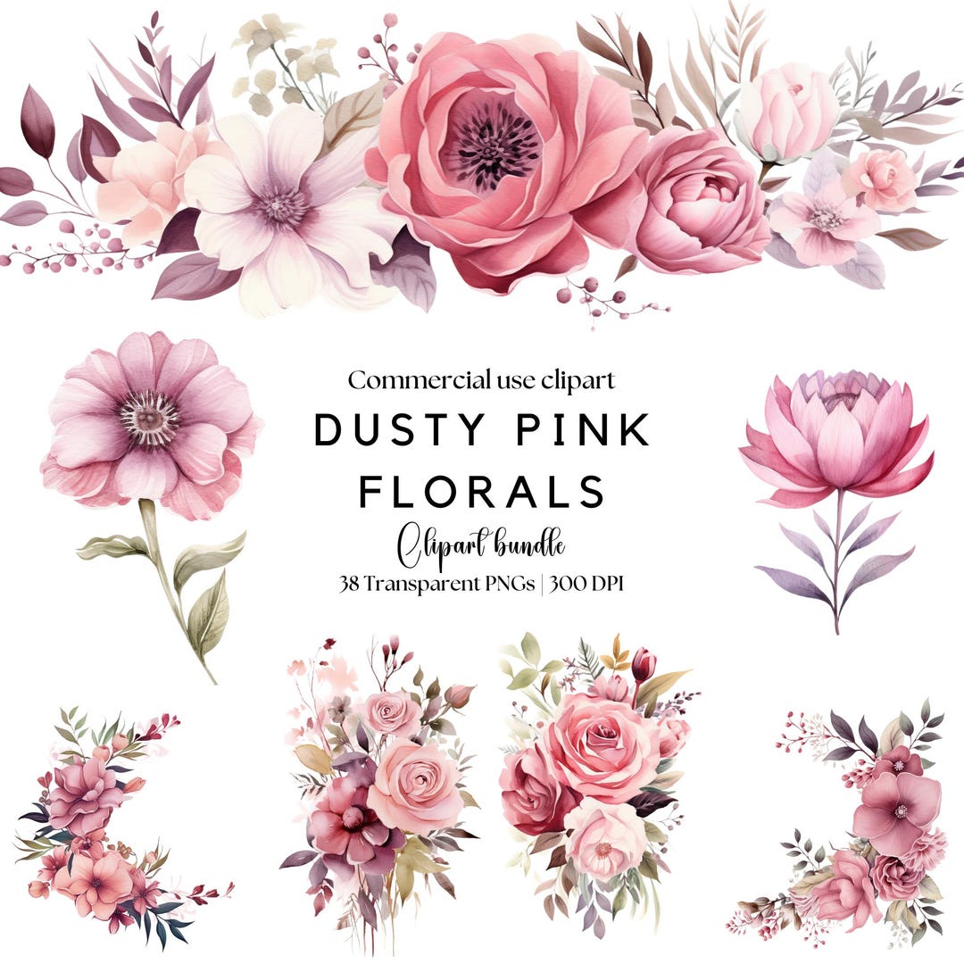 Watercolor Dusty Pink Floral Clipart | Dusty Rose | Pink Rose | Dusty ...
