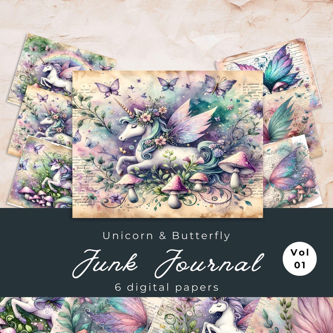 Fantasy Junk Journal Kit: Unicorn & Butterfly Scrapbook Paper (digital ...