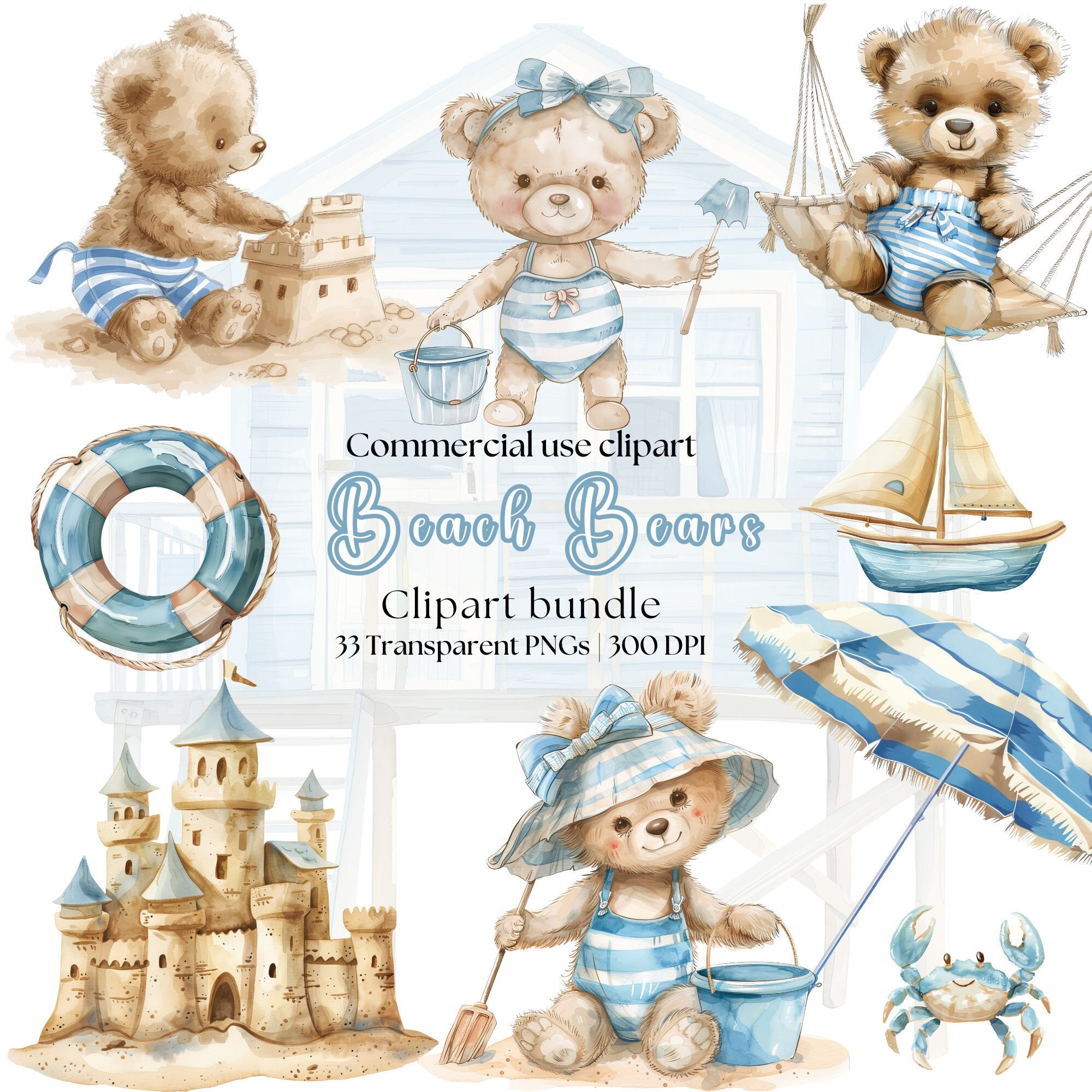 Cute Beach Bears Clipart Baby Bear Sailor Bear Nautical Blue Teddy Cute ...