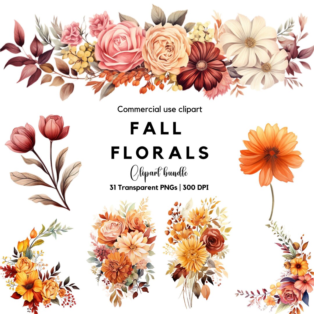 Watercolor Fall Floral Clipart: Terracotta Autumn Flowers (digital ...