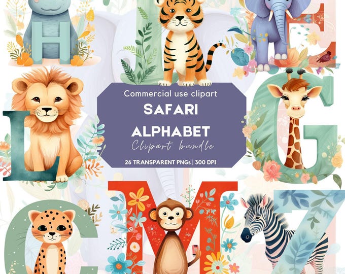 Jungle Alphabet, Cute Safari Animals Clipart, Jungle Animal Clipart ...
