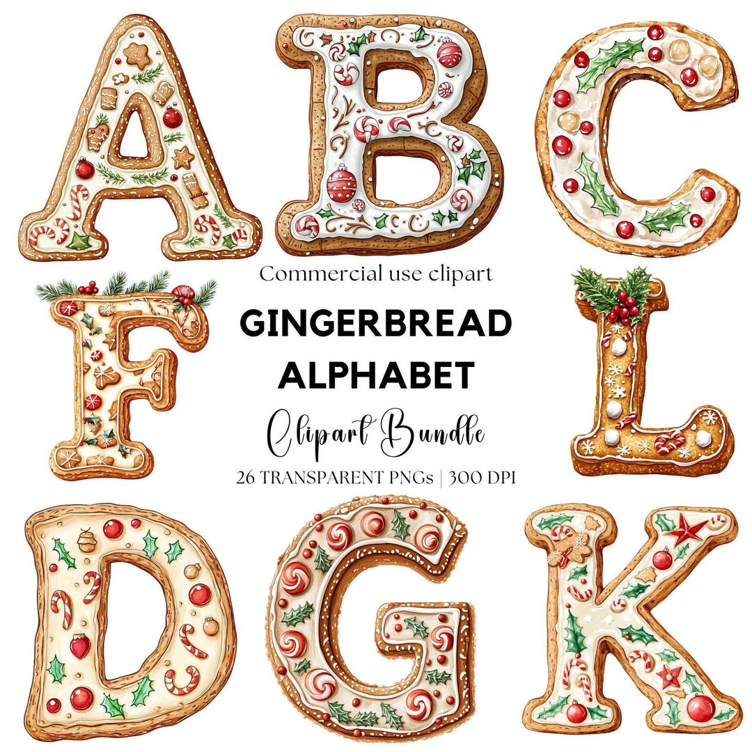Christmas Gingerbread Alphabet Clipart: Festive Cookie Letters (PNG) - Etsy