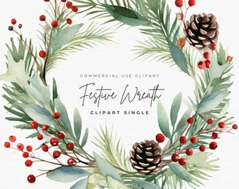 Watercolor Christmas Wreath Clipart: Festive Holiday PNG Set (digital ...