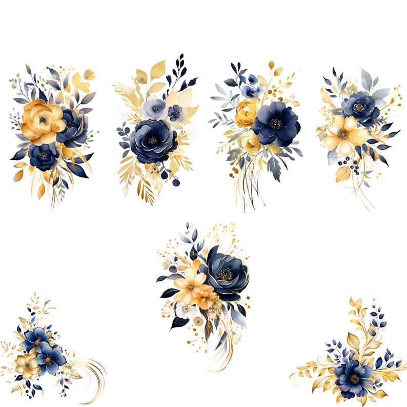 Navy and Gold Floral Clipart Navy Blue Flower Navy Blue Gold Roses ...