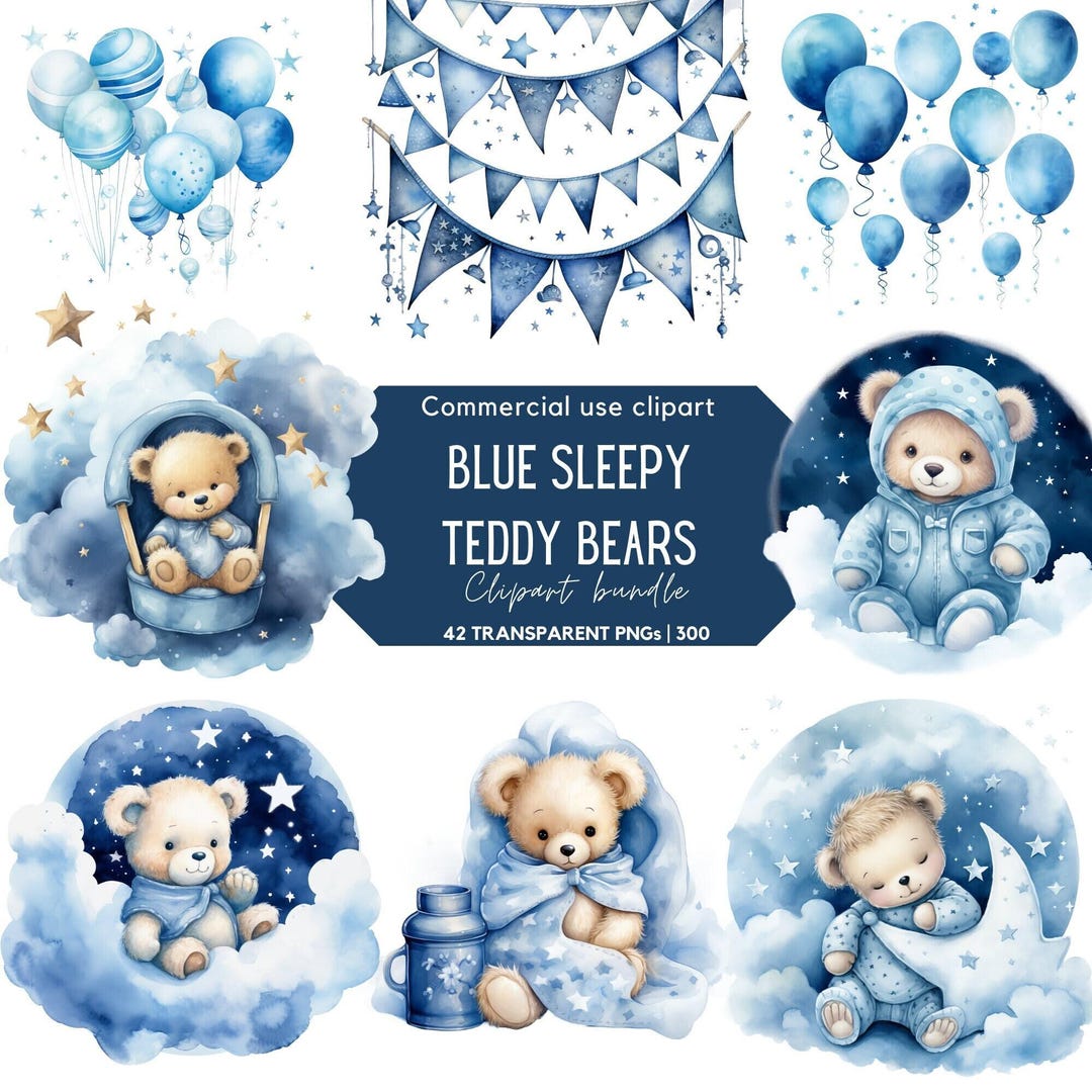 Blue Sleeping Teddy Bear Clipart | Baby Shower Clipart | Boho Teddy ...
