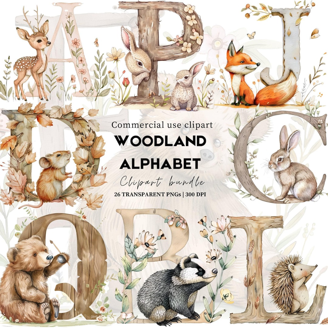 Watercolor Woodland Animals Alphabet Clipart: Nursery Decor (PNG) - Etsy UK