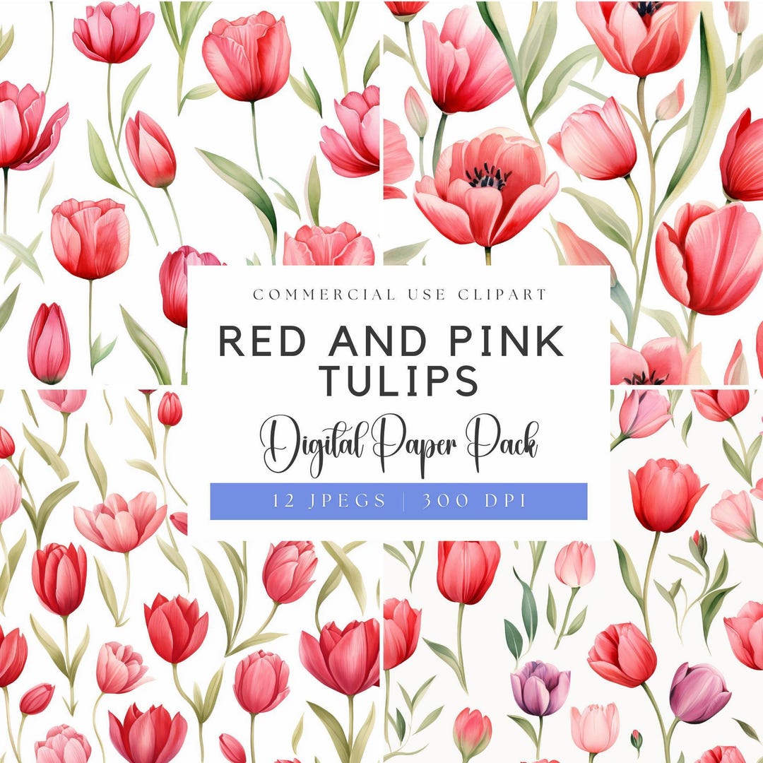 Red and Pink Tulip Digital Papers | Watercolor Floral | Spring Flower ...