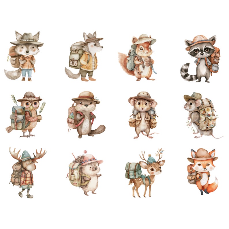 Watercolor Woodland Animals Go Camping Clipart Summer Camp Cute Animals ...