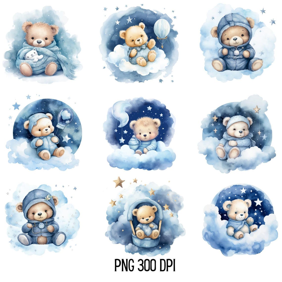 Blue Teddy Bear Clipart: Boho Baby Shower, Stars & Moon (digital ...