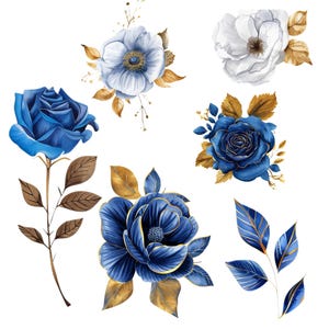 Watercolor Royal Blue Floral Clipart | Blue Flower Png | Blue and Gold ...