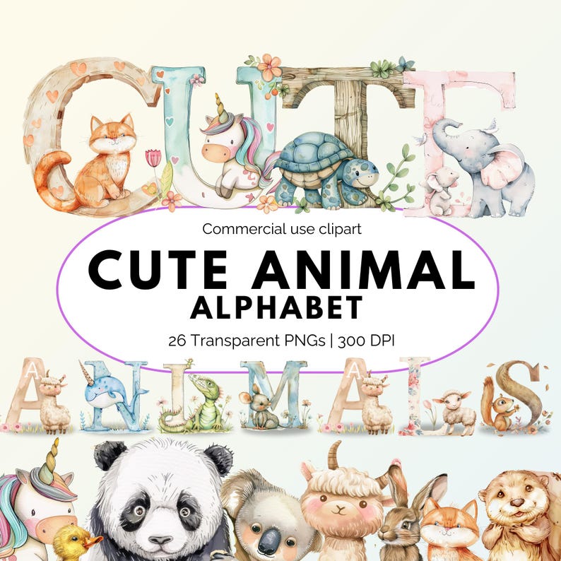 Cute Watercolor Animal Alphabet Clipart Set, Nursery Decor PNG Bundle ...