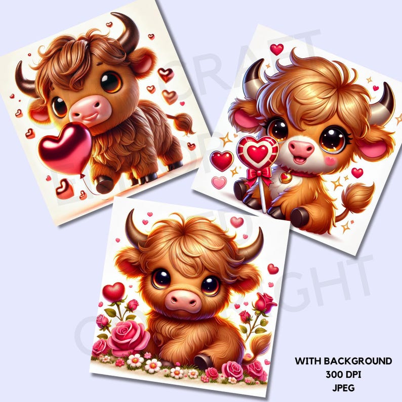 15 Valentine's Highland Cow Clipart | 300 DPI Jpegs | Highland Cow Png ...