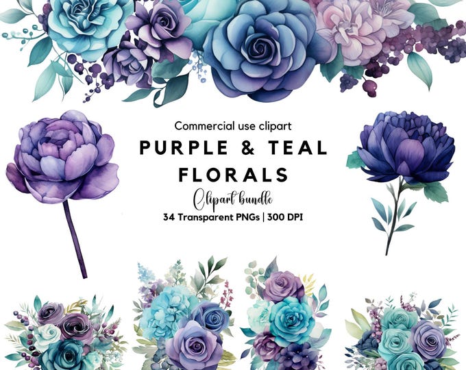 60 PNG TEAL and Purple Watercolor FLOWERS Clip Arts (300 Dpi ...