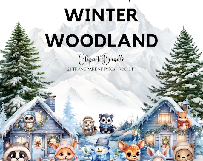 Watercolor Winter Woodland Clipart: Rustic Animals & Pine Trees ...