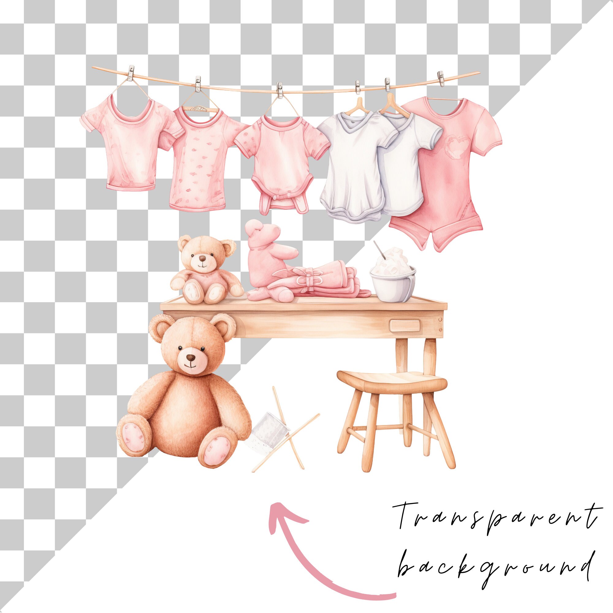 Watercolor Baby Clothes Line Pink Baby Shower Newborn Its a Girl Boho ...