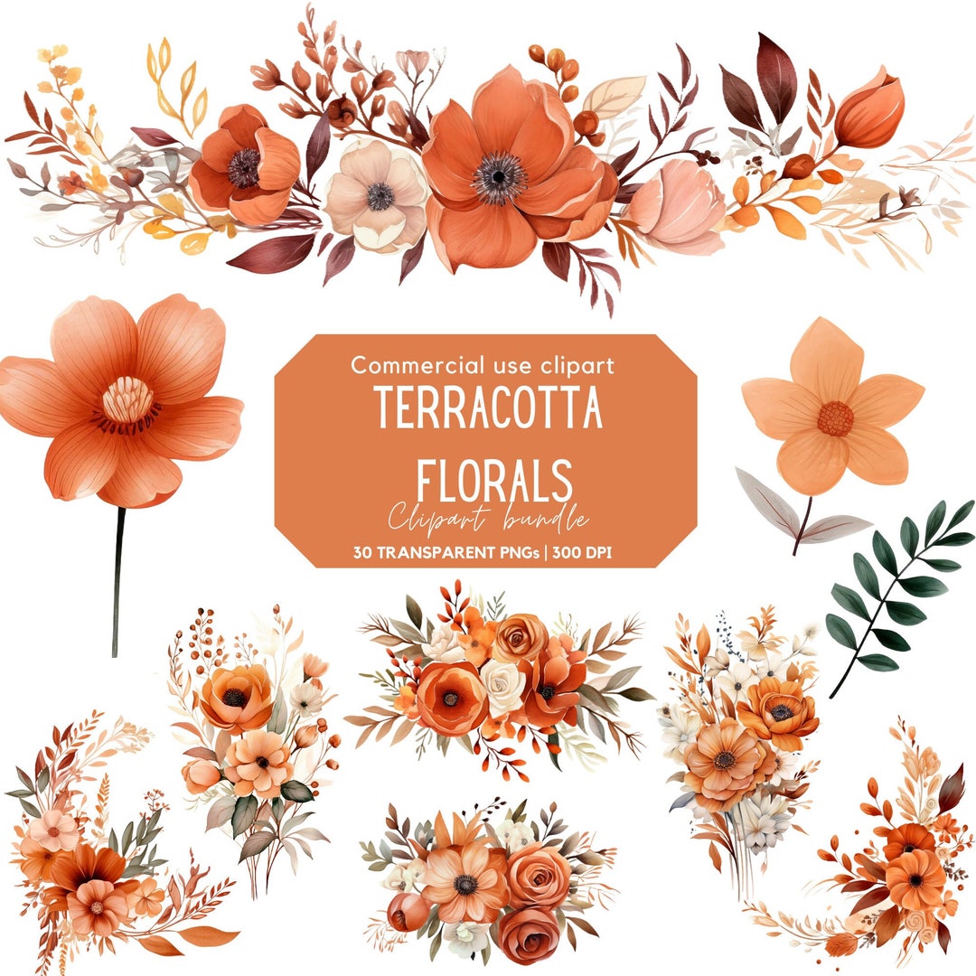 Terracotta Floral Clipart Autumn Flowers Autumn Clipart Boho Floral ...