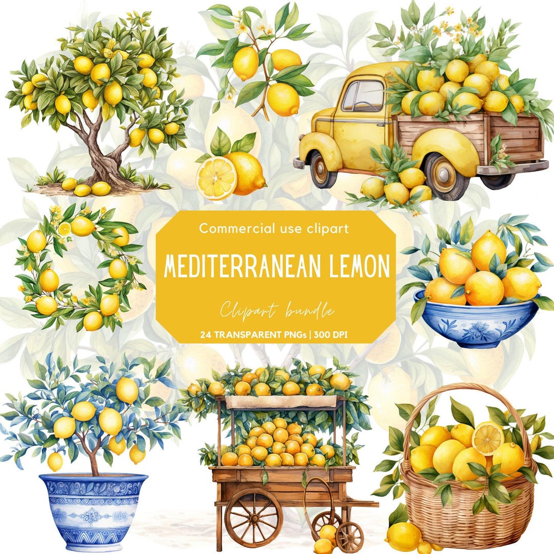 Watercolor Mediterranean Lemon Clipart: Italian Wedding Graphics ...