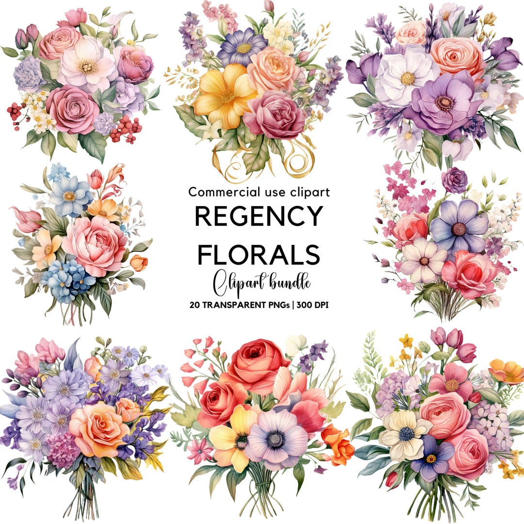 Regency Watercolor Floral Bouquet Clipart: Wedding Invitation PNG ...