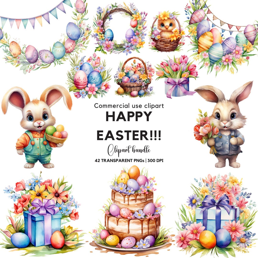 Watercolor Pastel Happy Easter Clipart | Cute Bunny | Nursery Bunnies ...