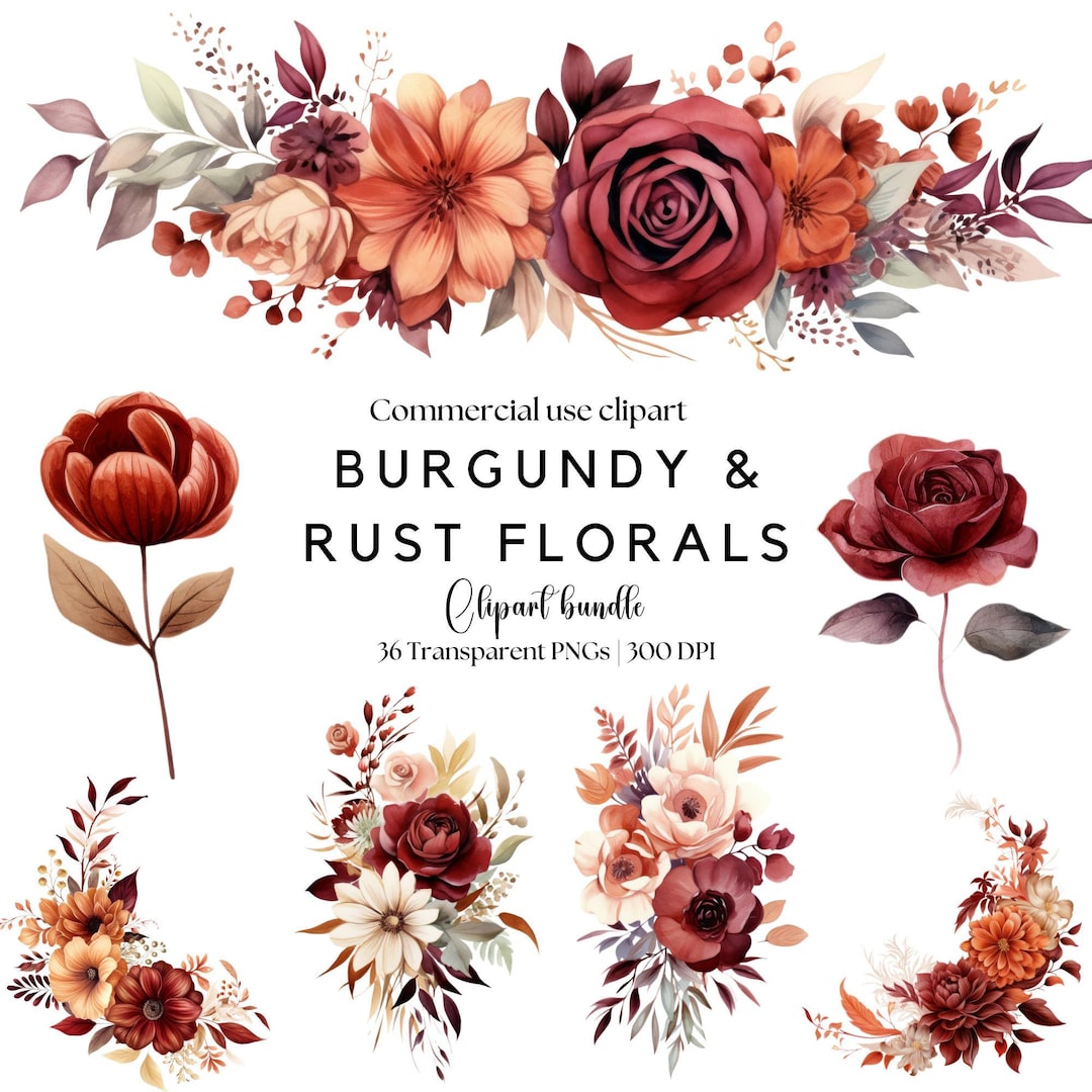 Burgundy Rust Floral Clipart: Autumn Watercolor Flowers (PNG) - Etsy