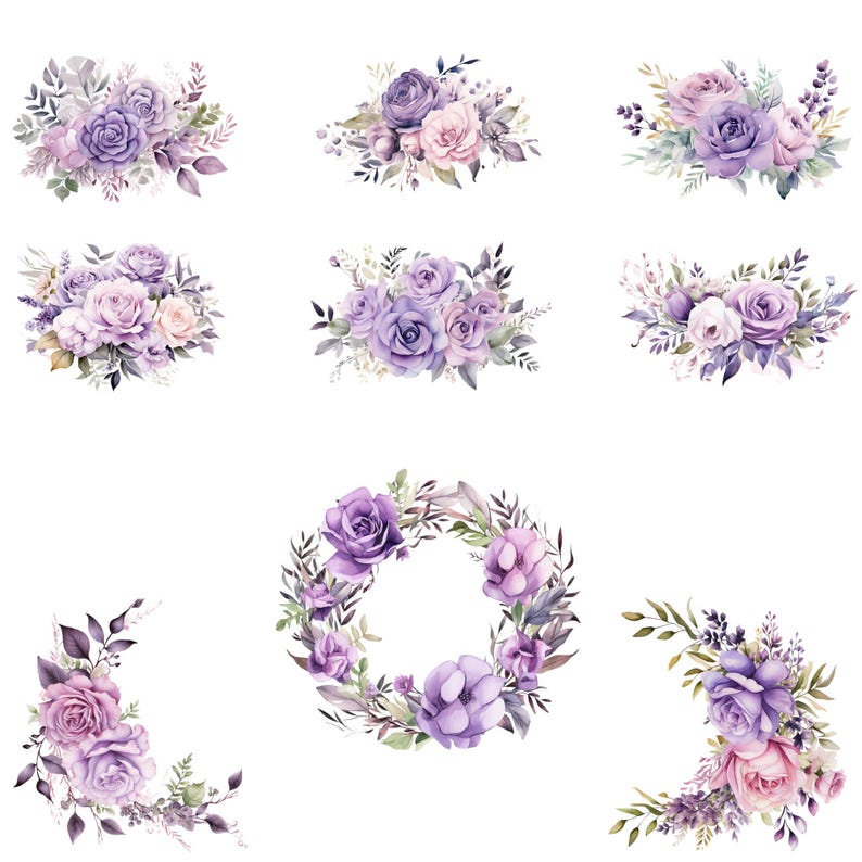 Watercolor Lilac Floral Clipart: Purple Wedding Flowers (digital ...