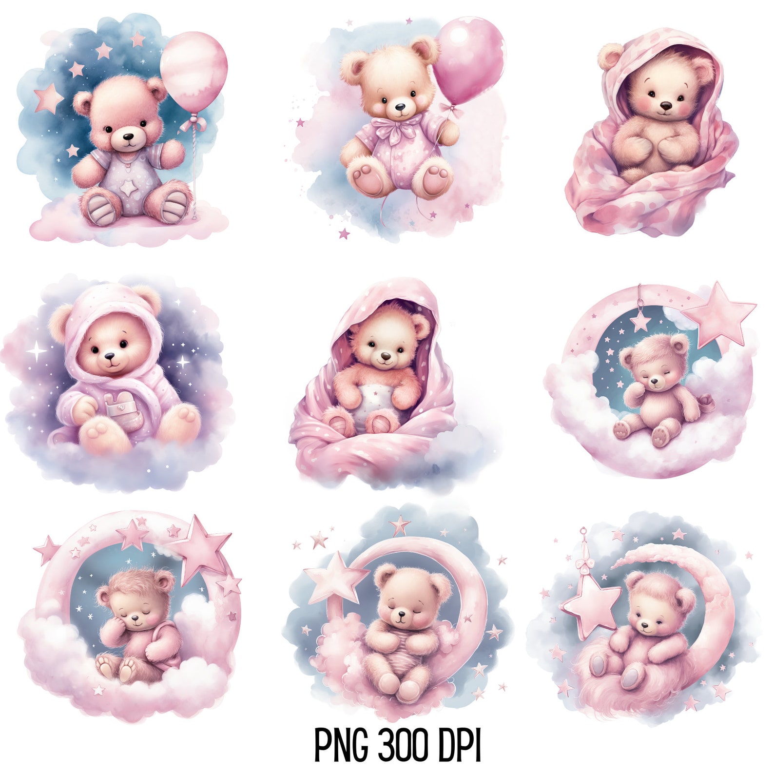 Pink Sleeping Teddy Bear Clipart Baby Shower Clipart Boho Teddy Bear ...