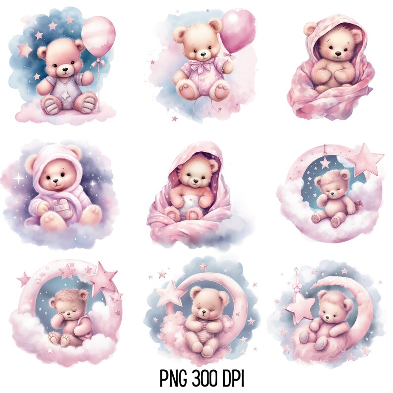 Pink Sleeping Teddy Bear Clipart Baby Shower Clipart Boho Teddy Bear ...