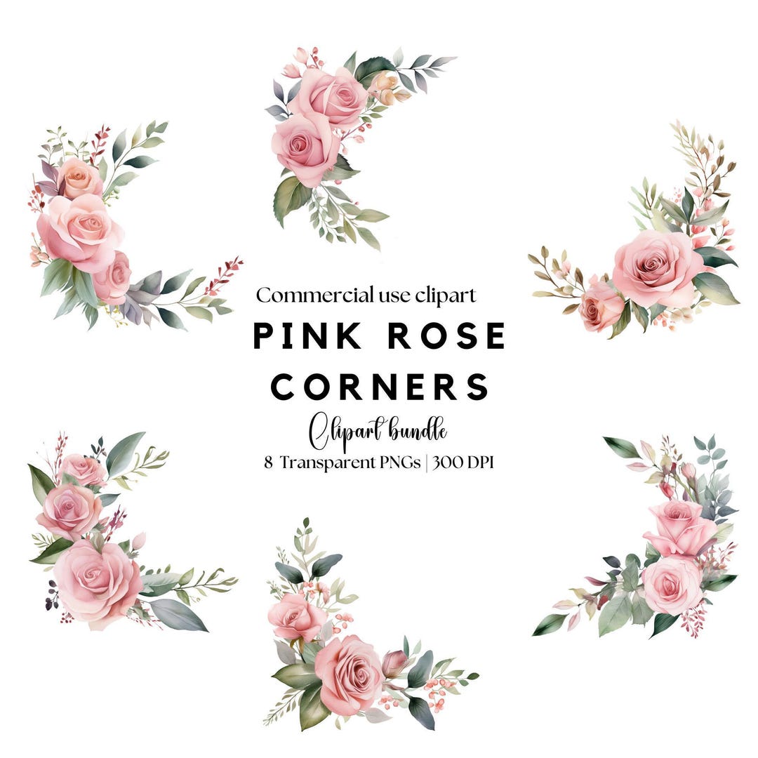 Pink Rose Corner Clipart: Watercolor Floral Border (PNG) - Etsy