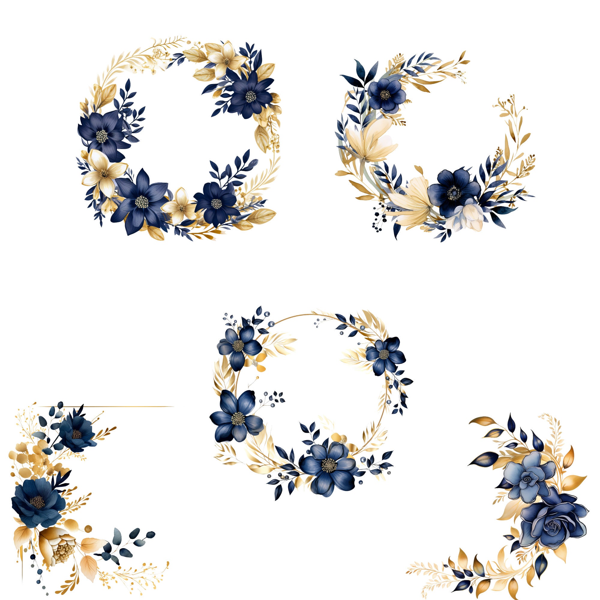 Navy and Gold Floral Clipart Navy Blue Flower Navy Blue Gold Roses ...