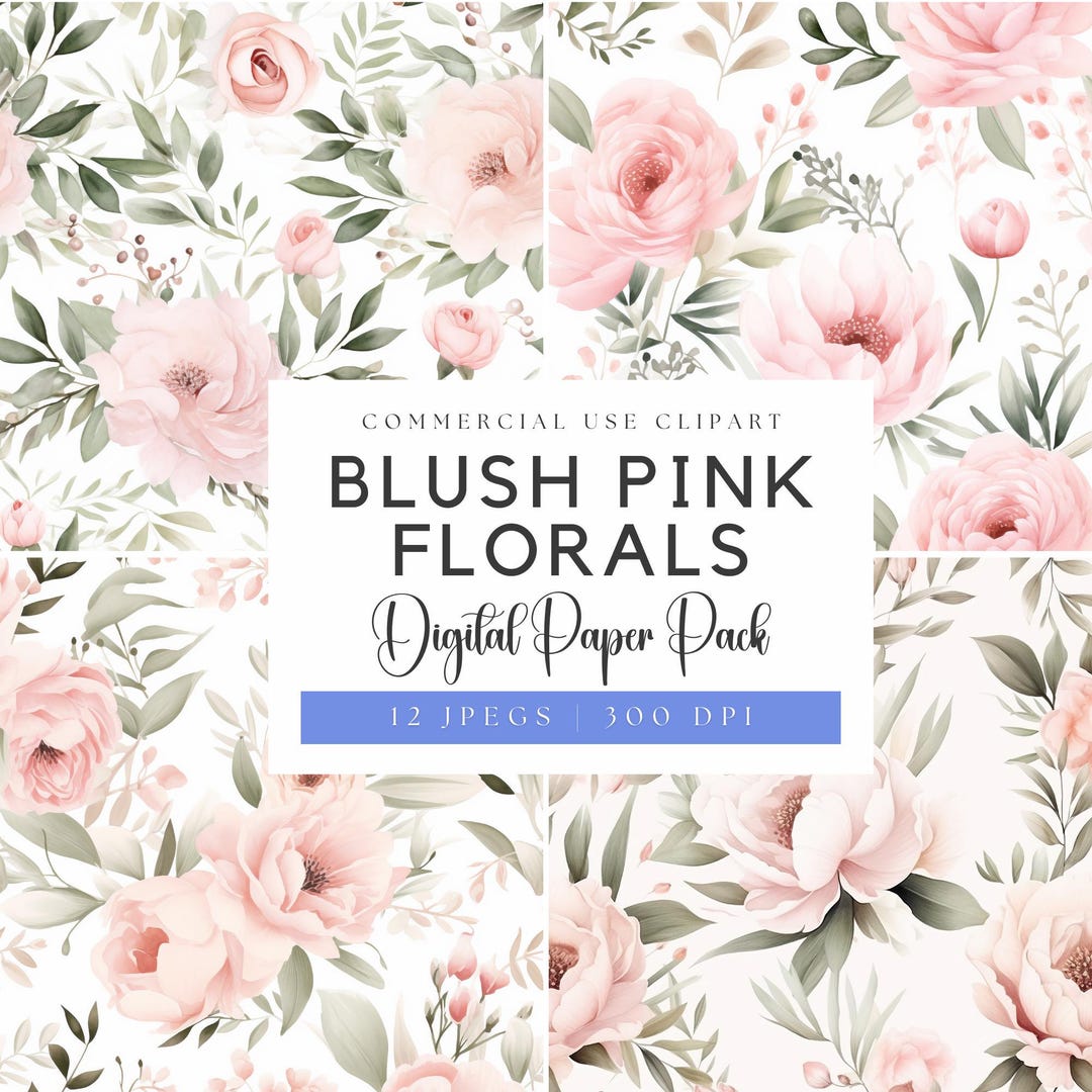 Watercolor Blush Pink Floral Digital Papers: Wedding Designs (300 DPI ...