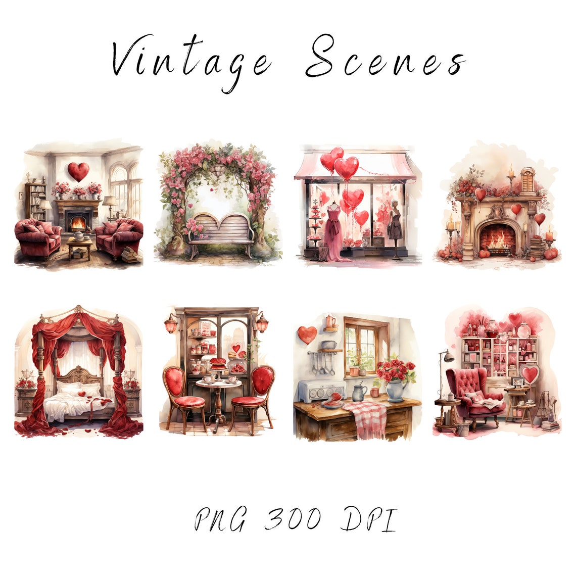 Watercolor Vintage Valentine's Clipart Nostalgic Valentines Retro ...
