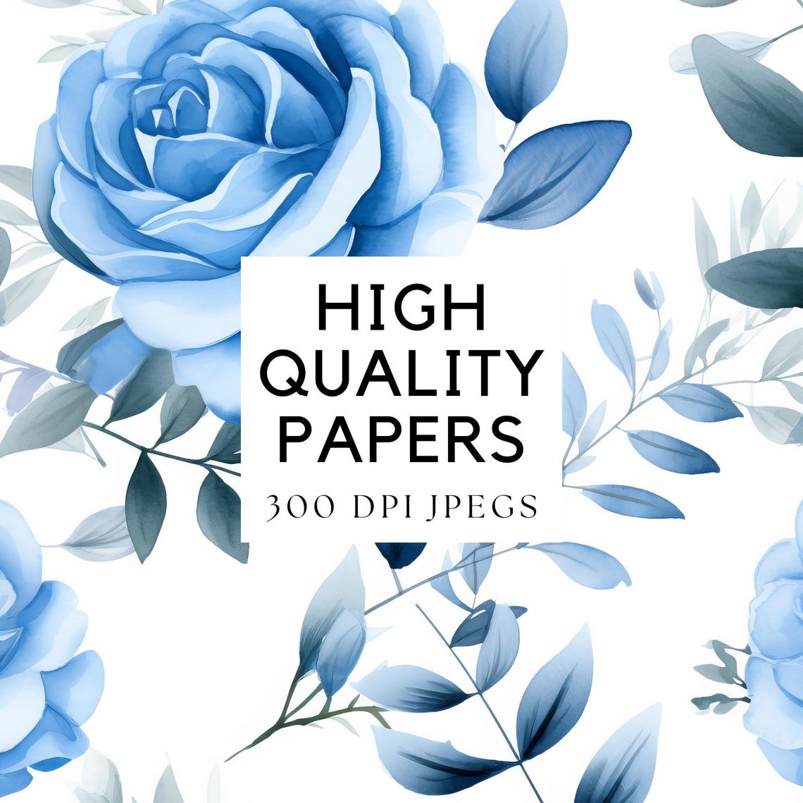 Watercolor Dusty Blue Rose Digital Papers: Floral Bouquet (300 DPI ...
