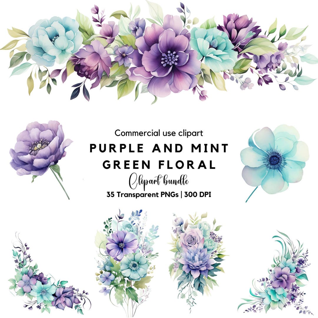 Purple and Mint Green Floral Clipart | Watercolor Purple Wedding ...