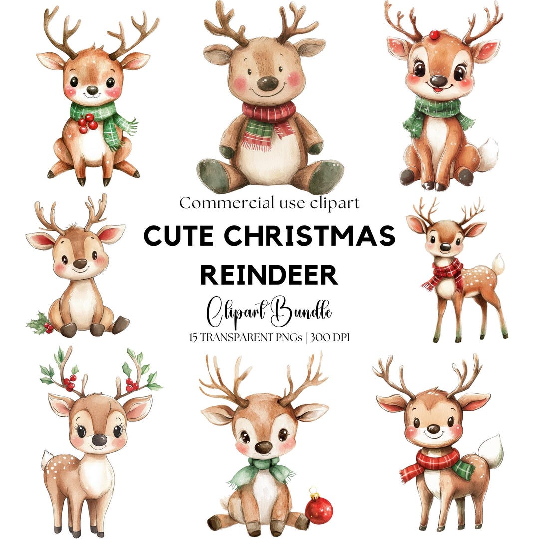 Cute Christmas Reindeer Clipart | Cute Reindeer Png | Watercolor ...