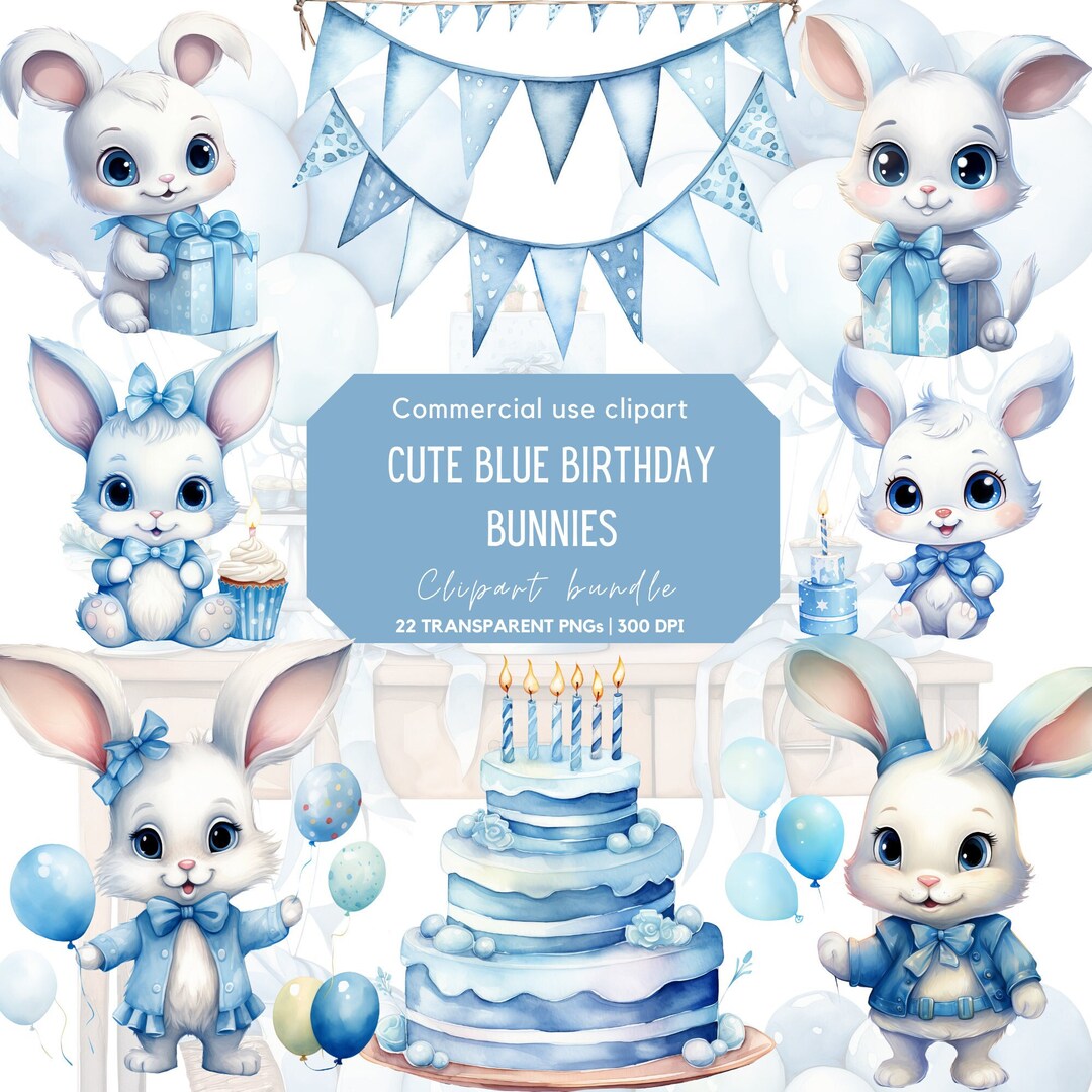 Watercolor Blue Birthday Bunny Clipart | Cute Rabbit | Kawaii Bunny ...