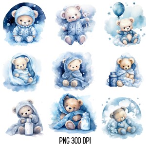 Blue Sleeping Teddy Bear Clipart Baby Shower Clipart Boho Teddy Bear ...