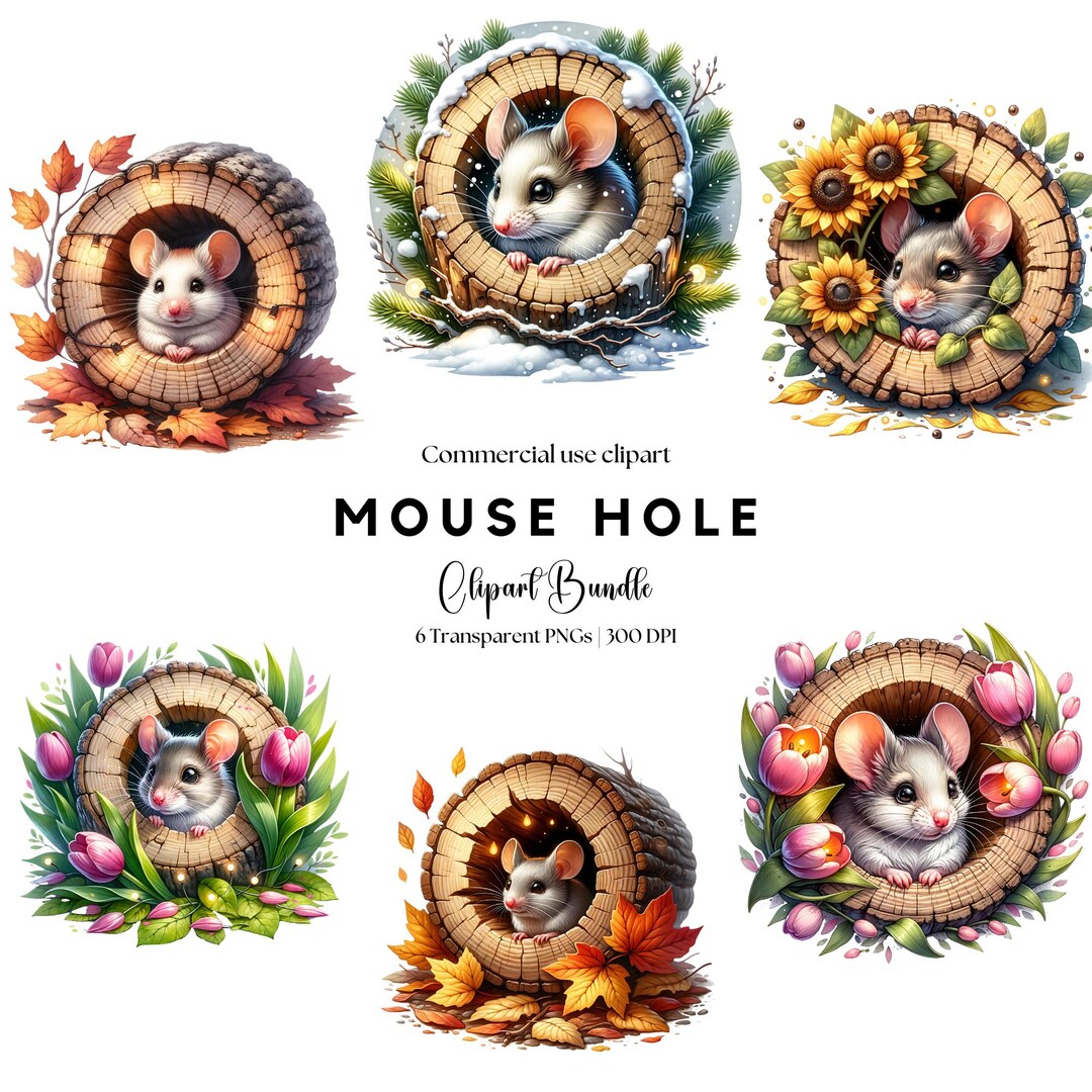 Mouse Hole Clipart Pack - Cute Watercolor Mouse PNG, Nature Mice Png ...