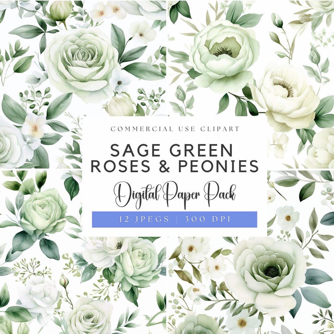 Sage Green Rose & Peony Digital Papers: Watercolor Florals (jpegs) - Etsy
