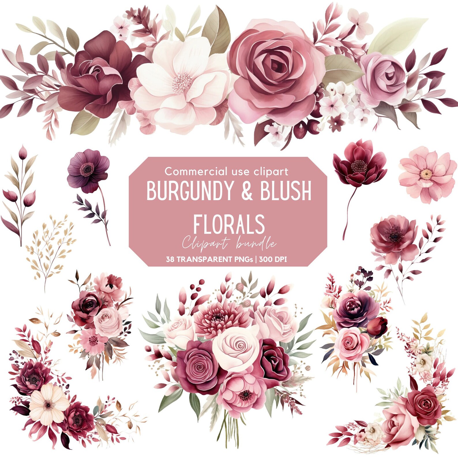 Burgundy and Blush Floral Clipart Pack Blush Flowers Wedding Florals ...