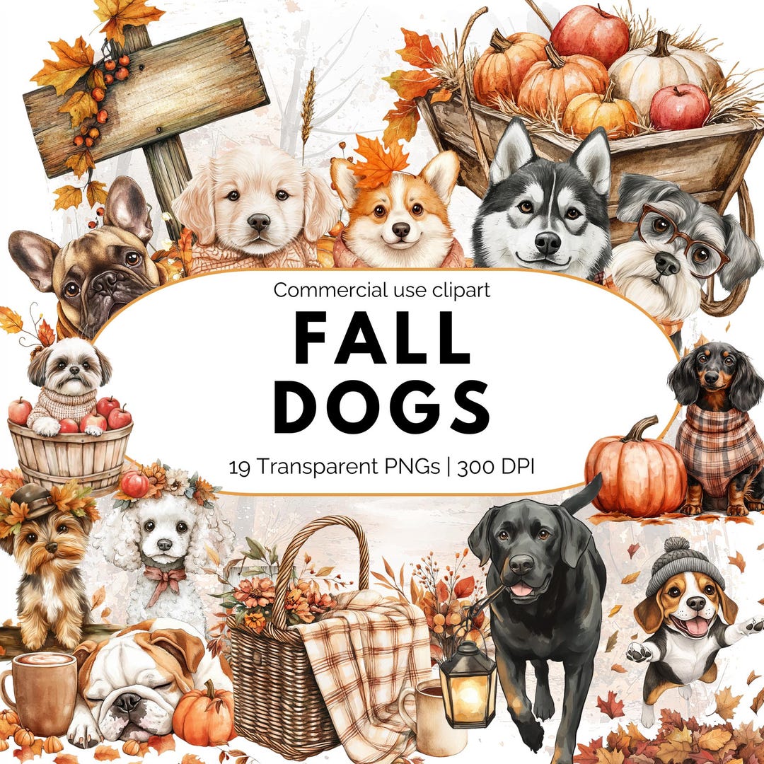 Fall Puppy Clipart PNG Bundle: Cozy Autumn Dog Graphics (commercial Use ...