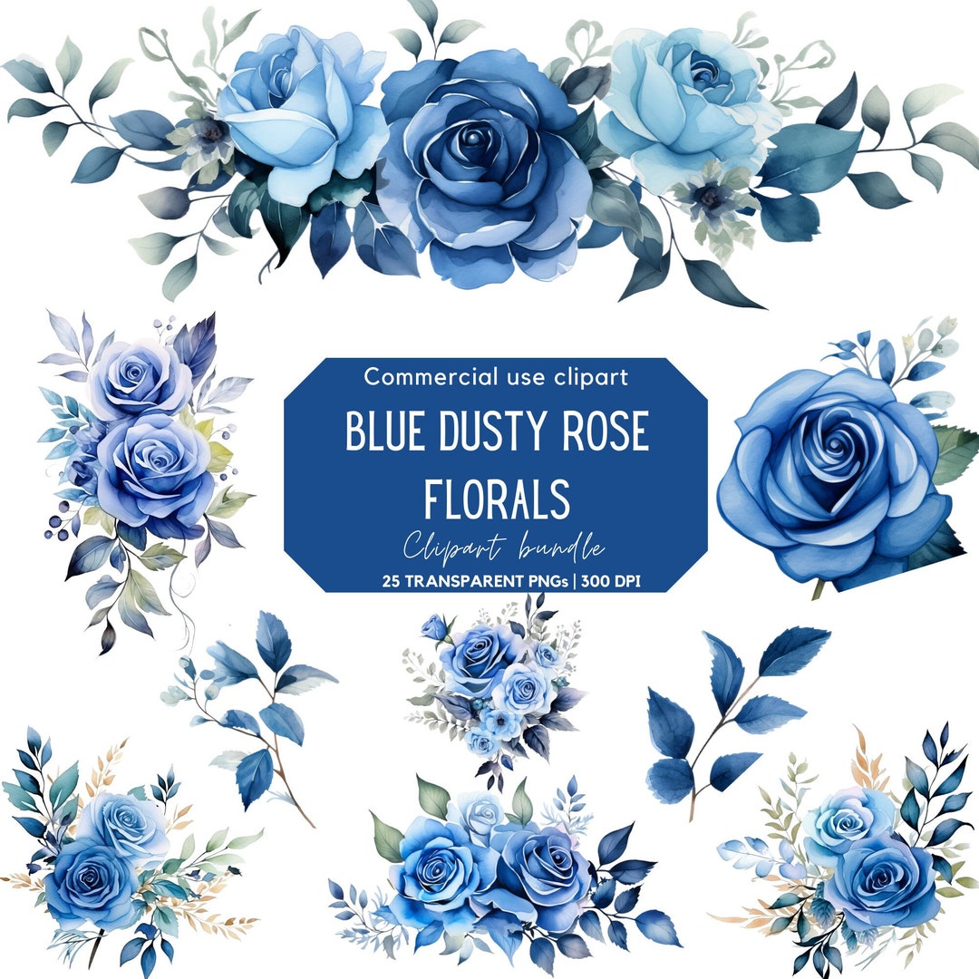 Blue Dusty Rose Clipart Blue Rose Clipart Watercolor Flowers Wedding ...