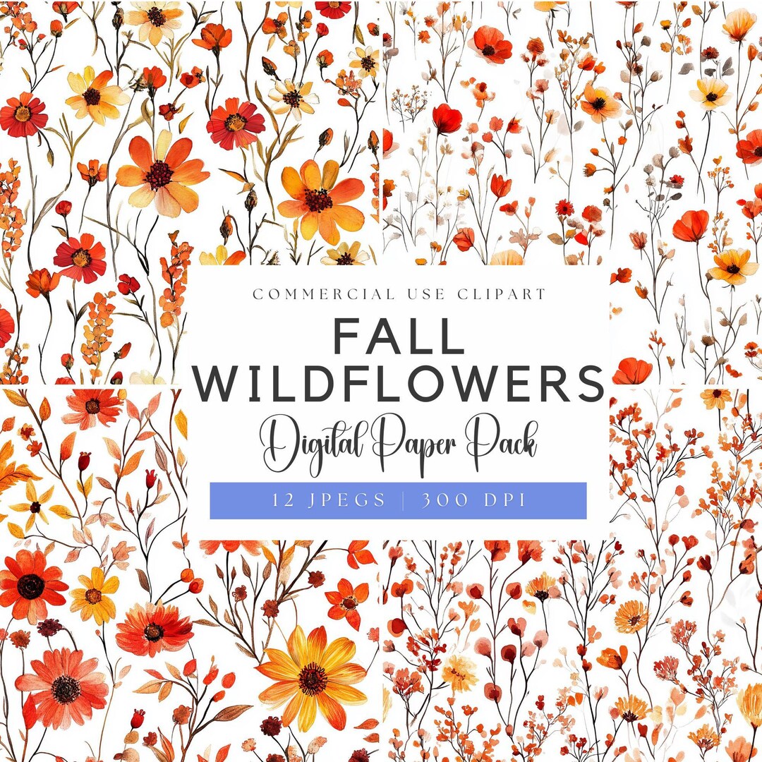 Watercolor Fall Wildflower Digital Papers: Autumn Florals (300 DPI ...