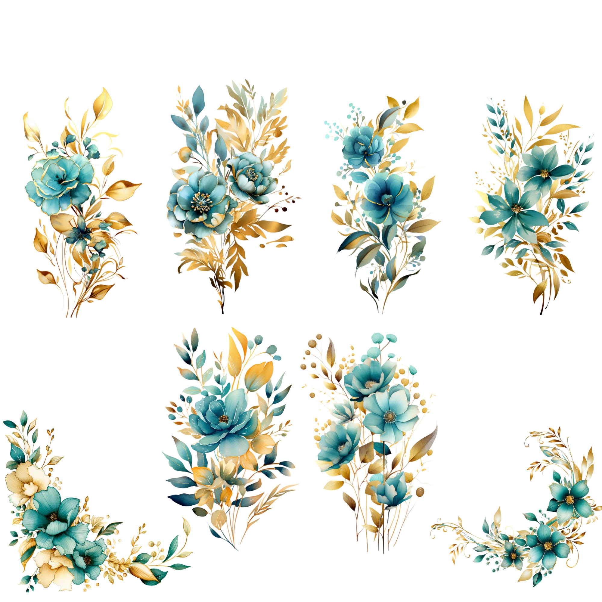 Watercolor Teal & Gold Floral Clipart Wedding Watercolor Flowers ...