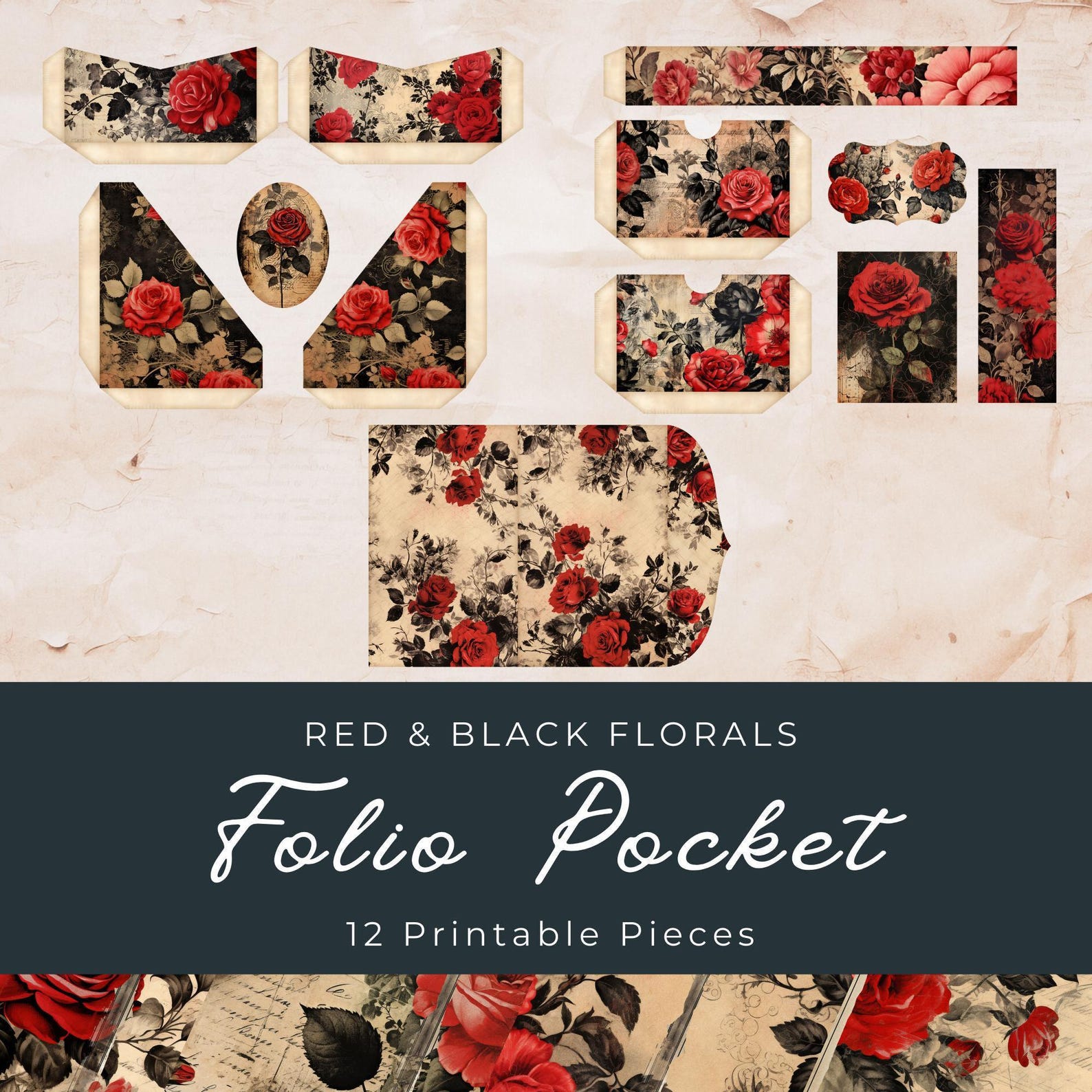 Gothic Red Rose Junk Journal Folio Pocket: Printable Scrapbook Ephemera ...