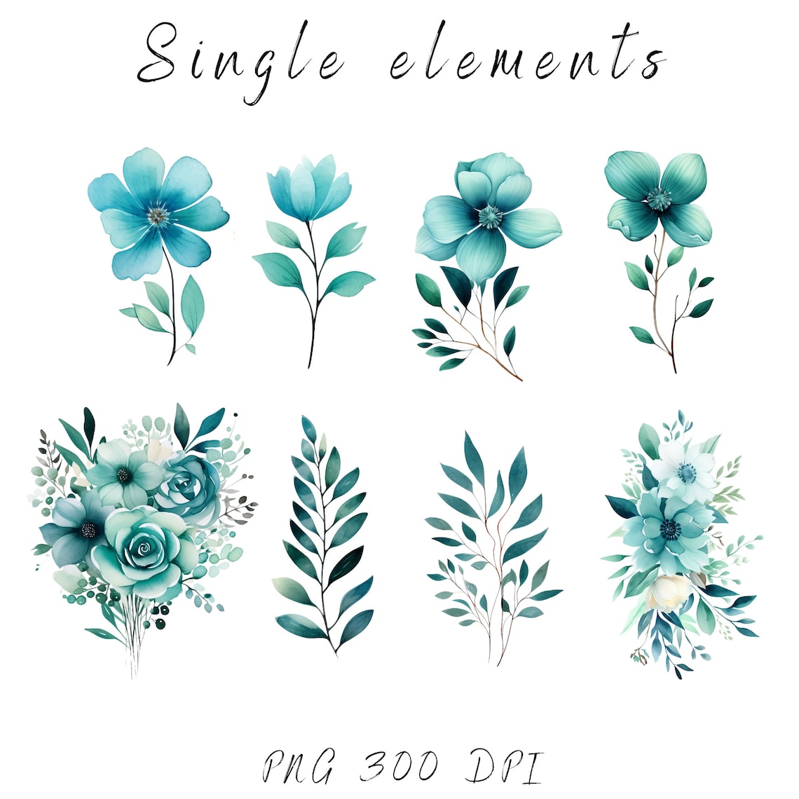 Teal Floral Clipart Teal Flowers Png Blue Floral Wedding Invitation ...