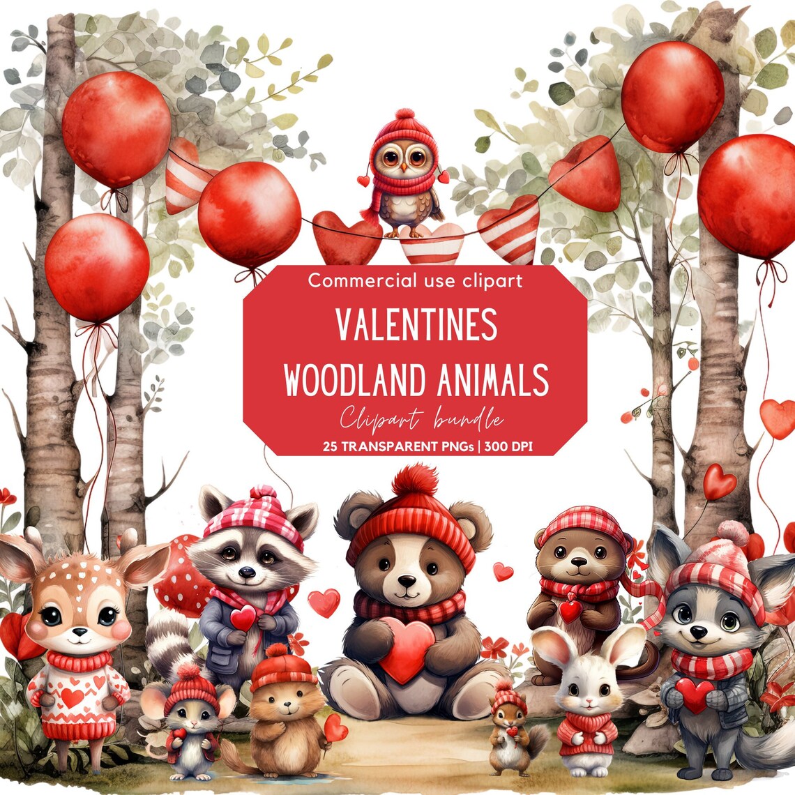 Valentines Woodland Animal Clipart Baby Animals Clipart Bear Rabbit ...